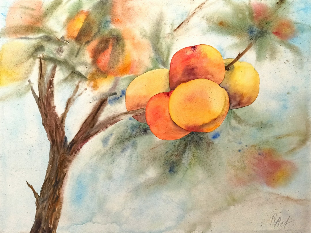 Growing Peach Fruit Painting Original Garden Tree Artwork for Home ...