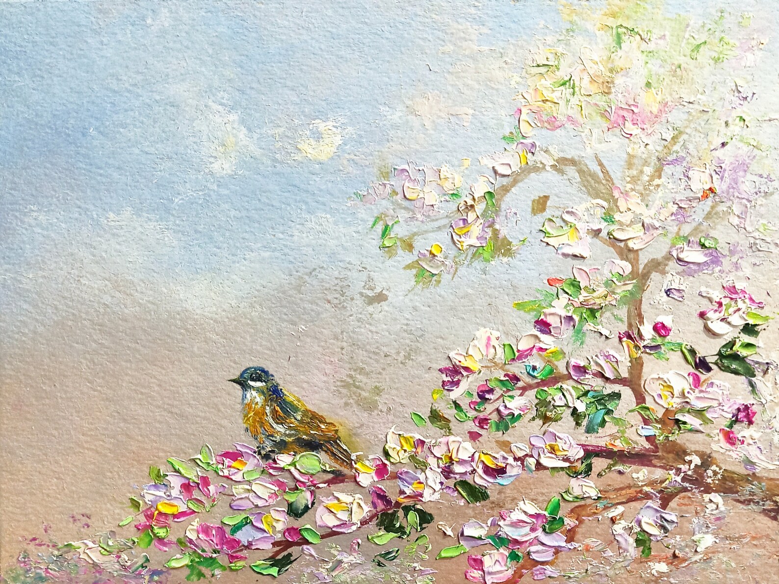Colorful Bird Painting Original Blooming Apple Tree and - Etsy