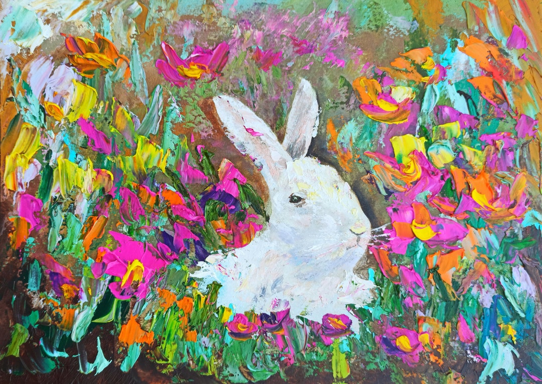 Bunny Rabbit Painting Original Hare in Flowers Small Painting Handmade ...