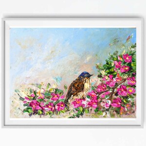 Colorful Bird Painting Original Blooming Apple Tree and - Etsy