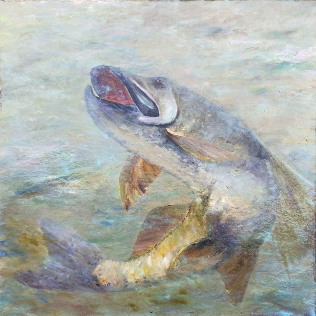 Salmon Fish Painting Original Jumping Fish Underwater Square Artwork ...