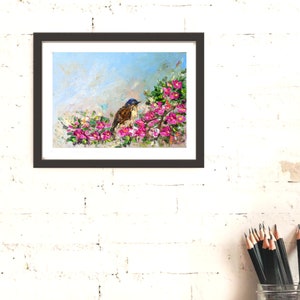 Colorful Bird Painting Original Blooming Apple Tree and - Etsy