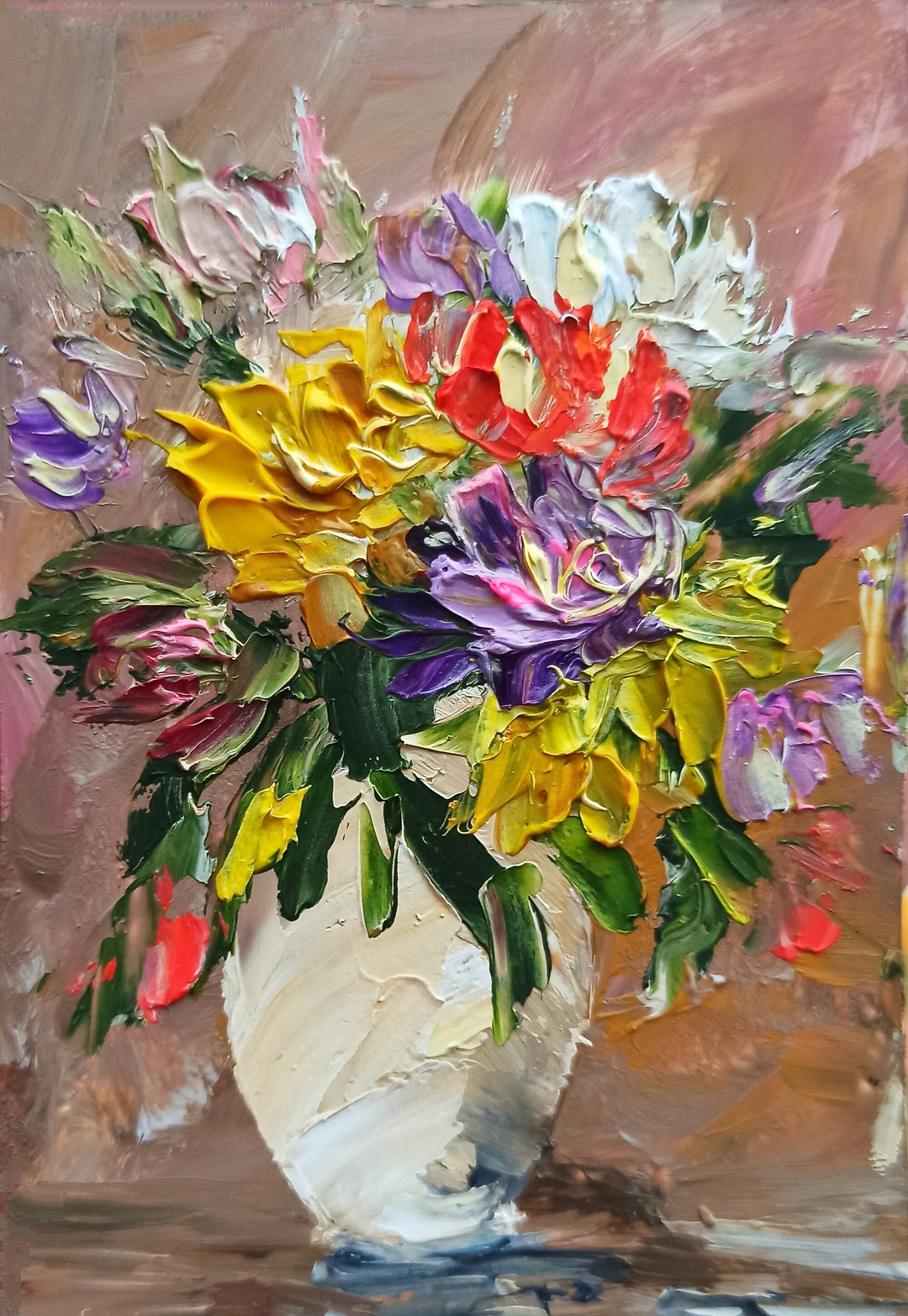 Bouquet in Vase Painting Original Small Textured Impasto Oil Painting ...