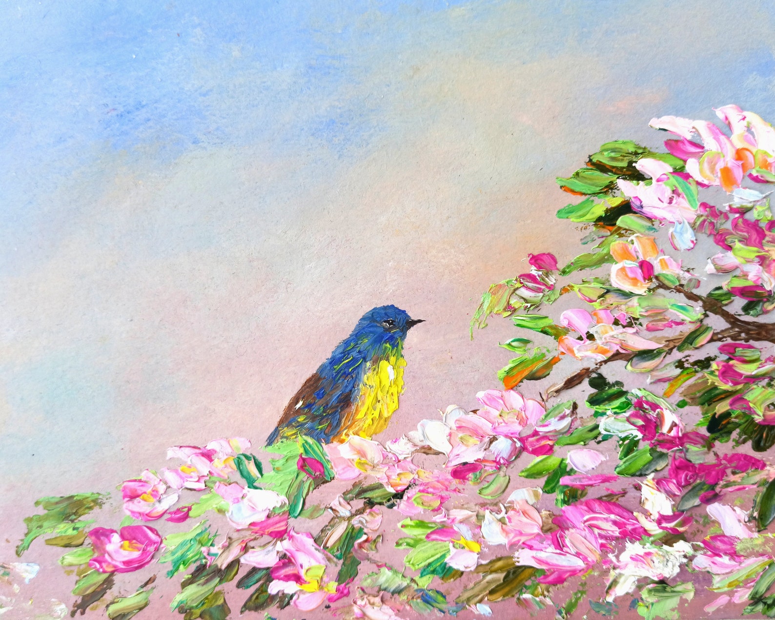 Colorful Bird Painting Original Blooming Apple Tree and - Etsy
