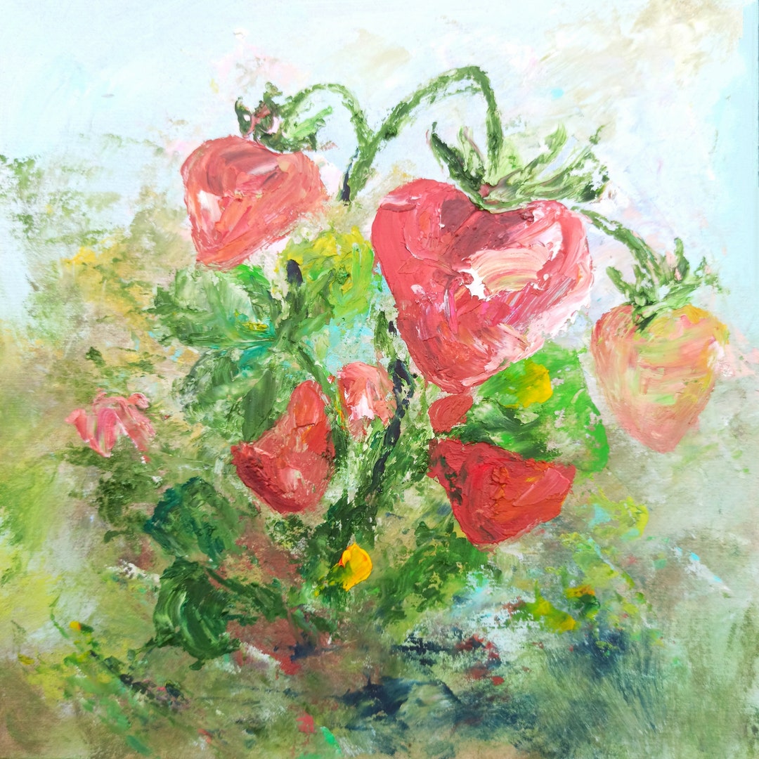 Strawberry Growing Painting Original Small Square Artwork With Red ...