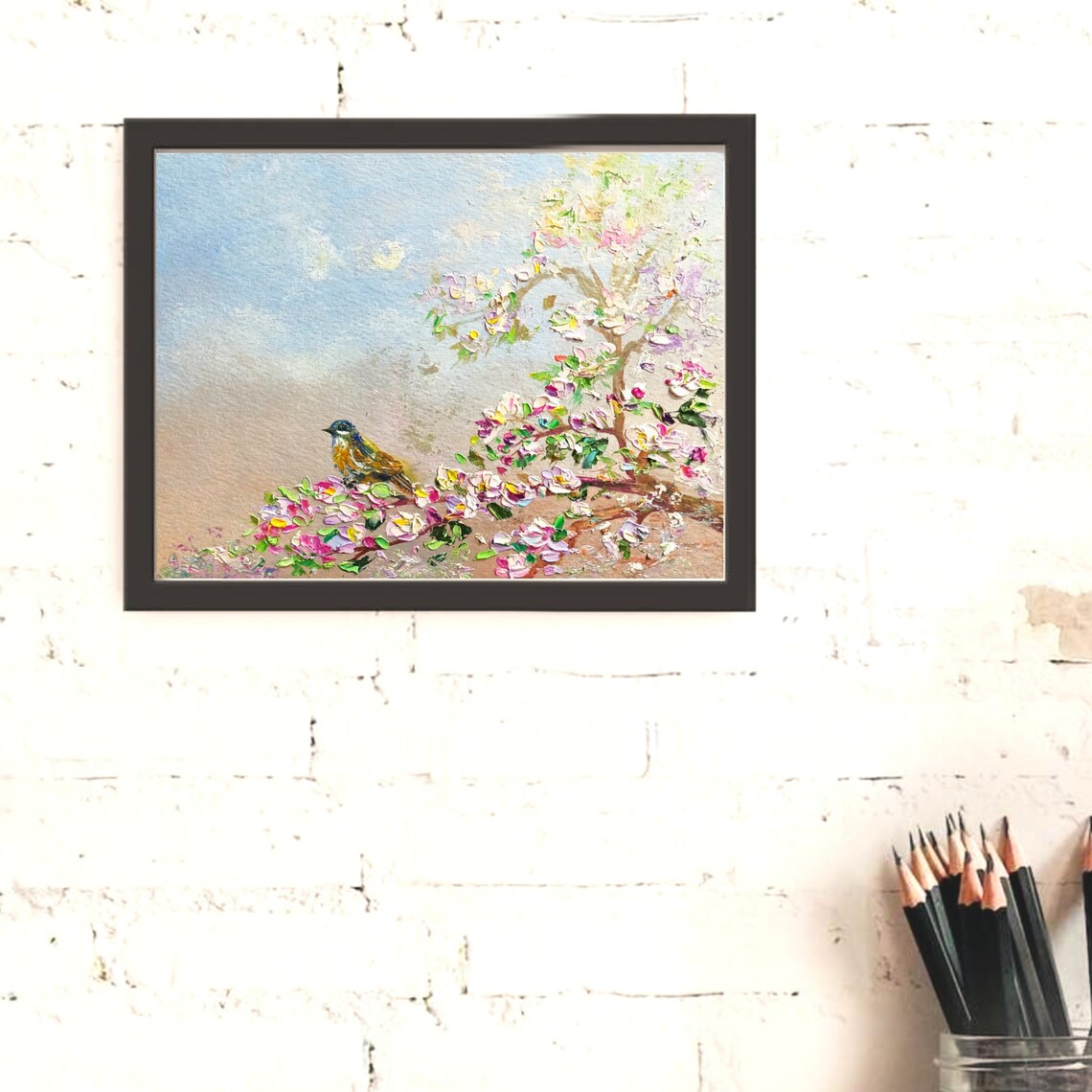 Colorful Bird Painting Original Blooming Apple Tree and - Etsy