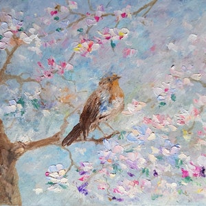 Colorful Bird Painting Original Blooming Apple Tree and Chickadee Small ...