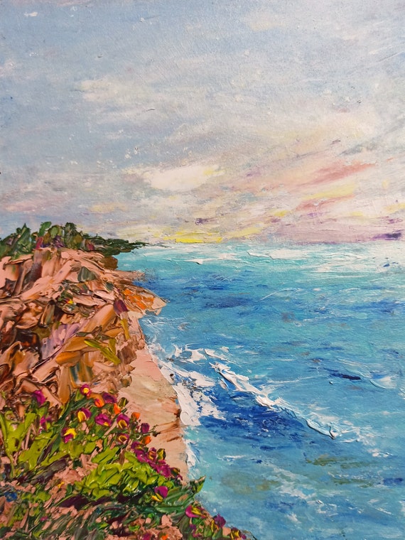 Beach Painting Original Sunset Seascape Mountain Art Sea Wave - Etsy