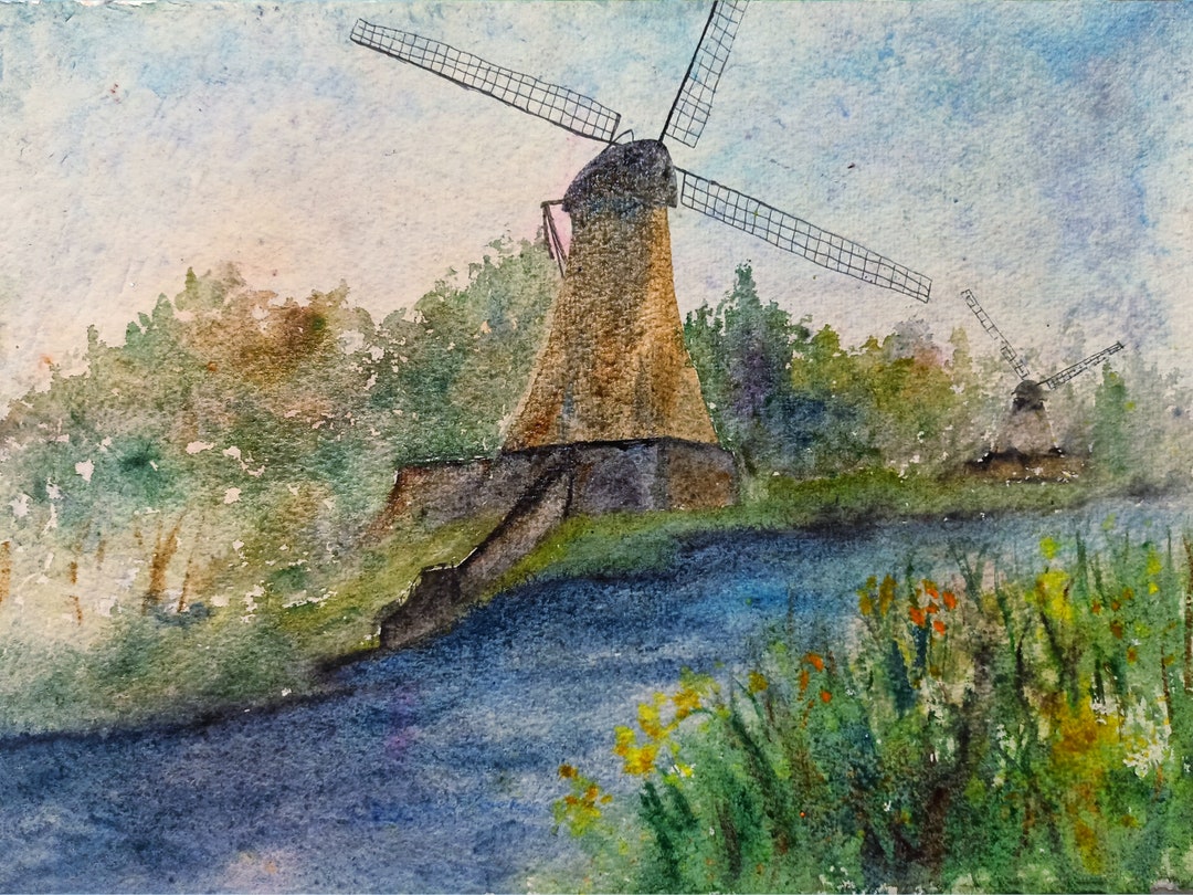 Windmill Painting Original Watercolor Yellow Flowers Near - Etsy