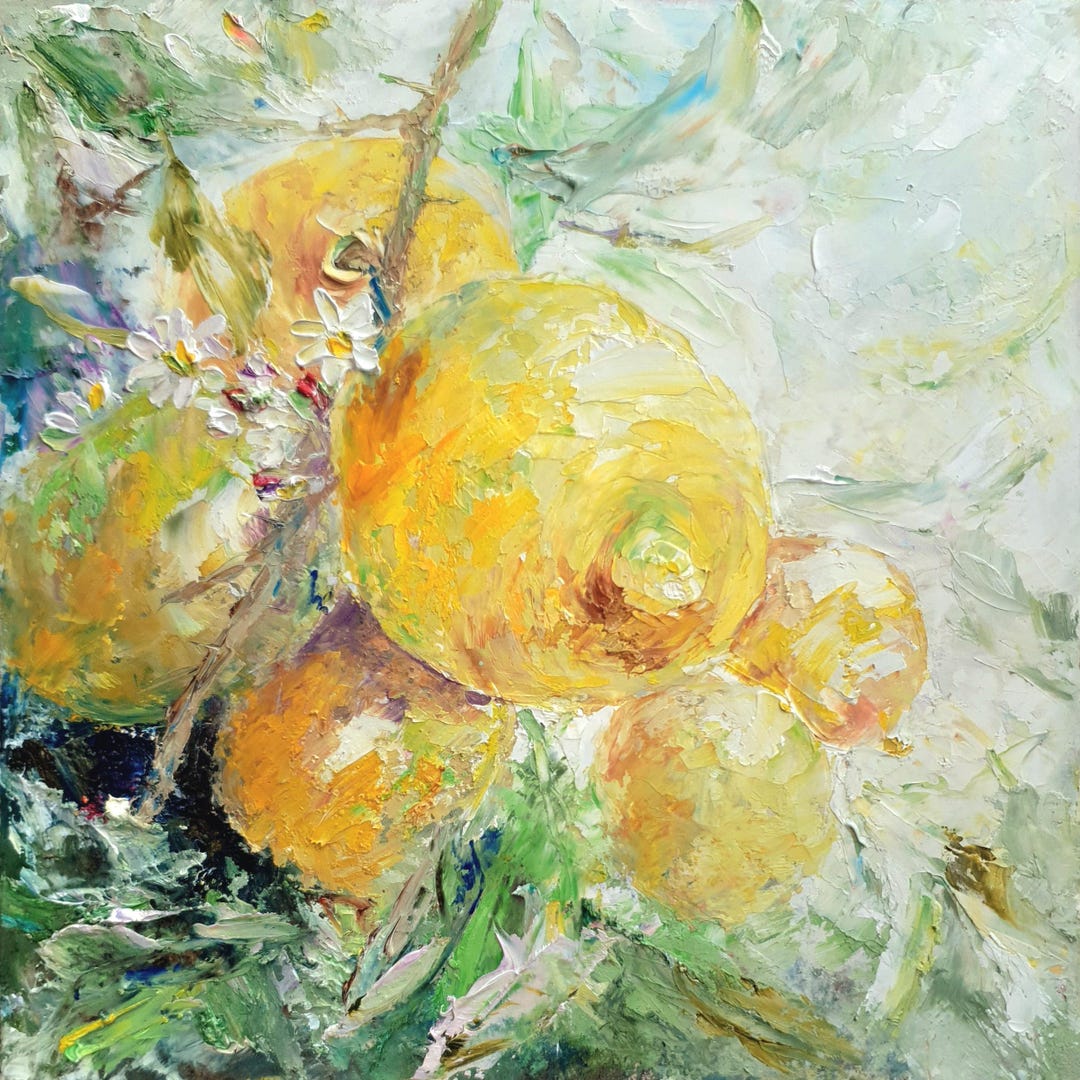 Lemon Painting Original Handmade Lemon Pair Artwork Still Life Couple Fruit Floral Painting With ...