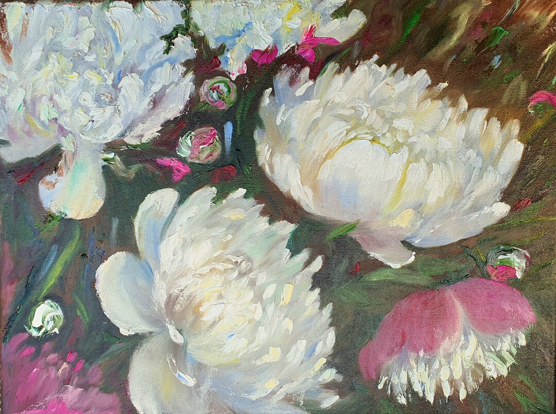 Garden Peonies Painting Original on Stretched Canvas White and Pink ...