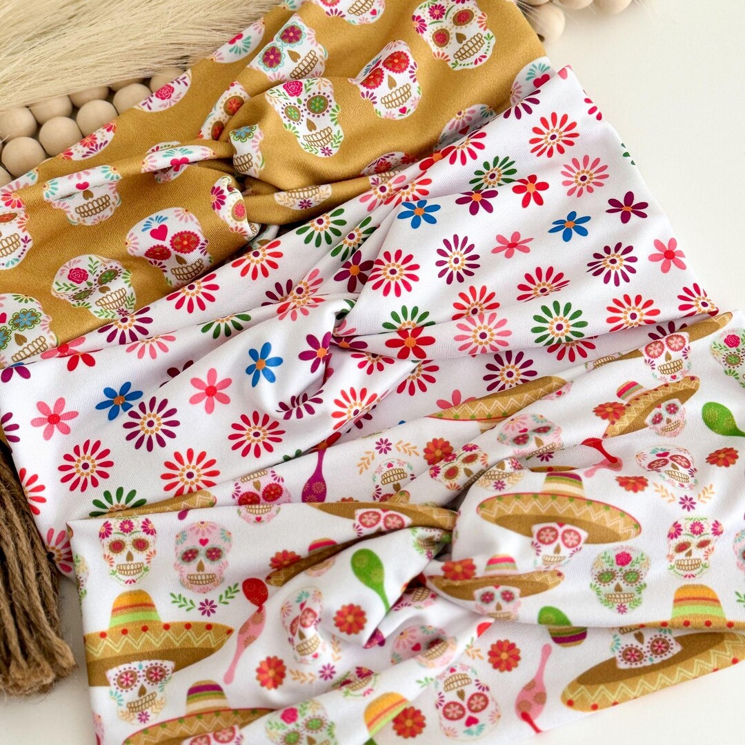 Unique Day of the Dead Twist Headbands for Women, Colorful Sugar Skull ...