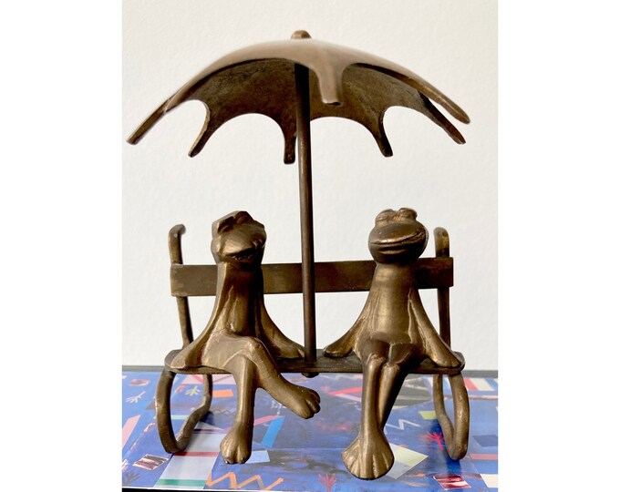 Pair of Sitting Frogs on A Bench Under Un Umbrella, Vintage Brass Frogs ...