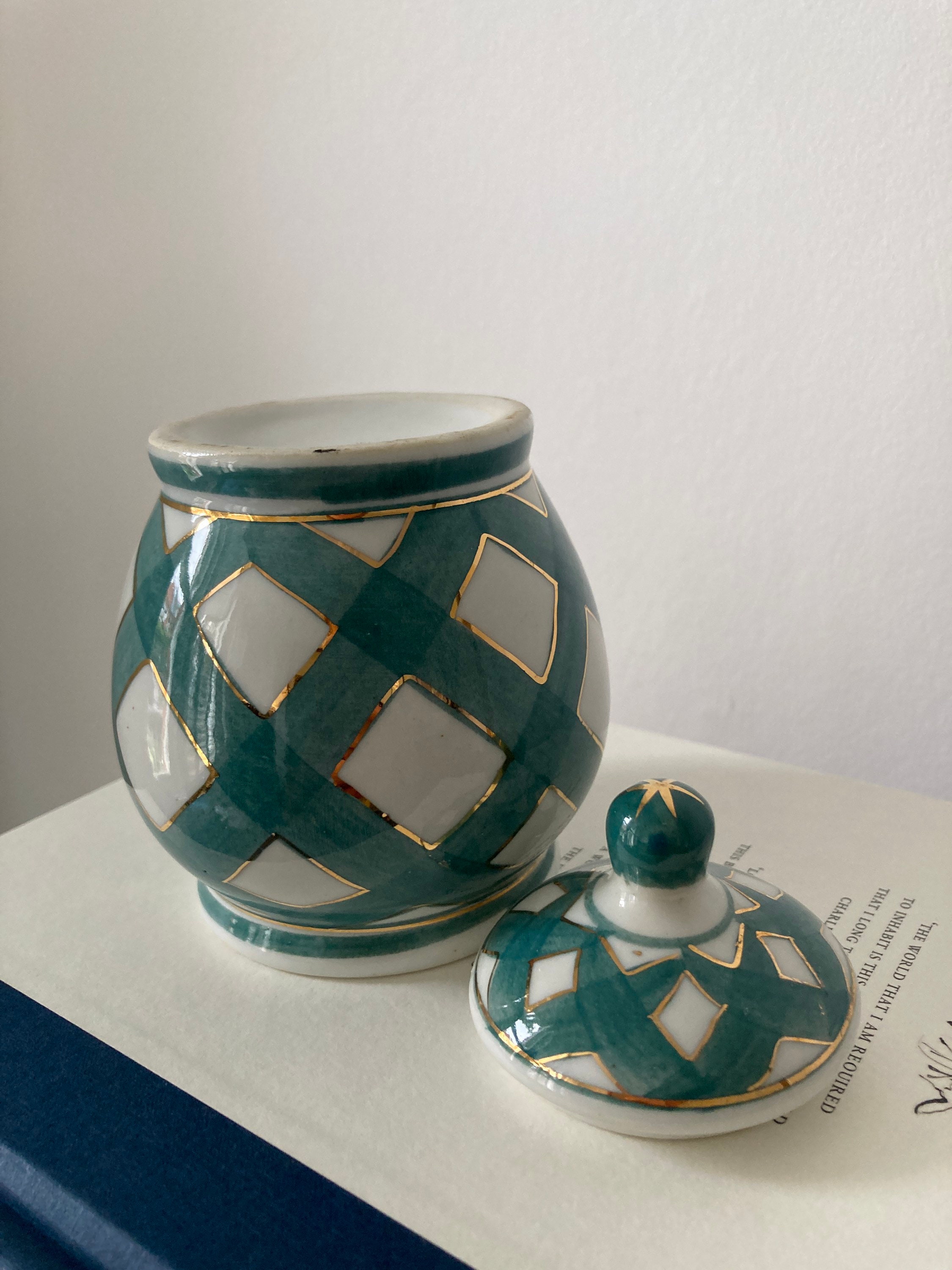 Vintage Ginger Jar Small Lidded Jar Turquoise and Gold Jar - Etsy