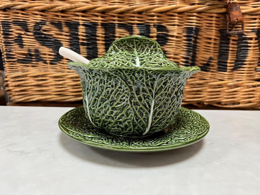 Vintage Majolica Cabbage Soup Tureen: Portuguese Green Ceramic Dish - Etsy
