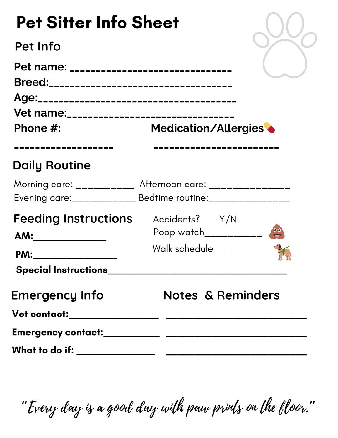 Pet Sitter Printable – Dog Care Instructions Template, Puppy Info Sheet ...