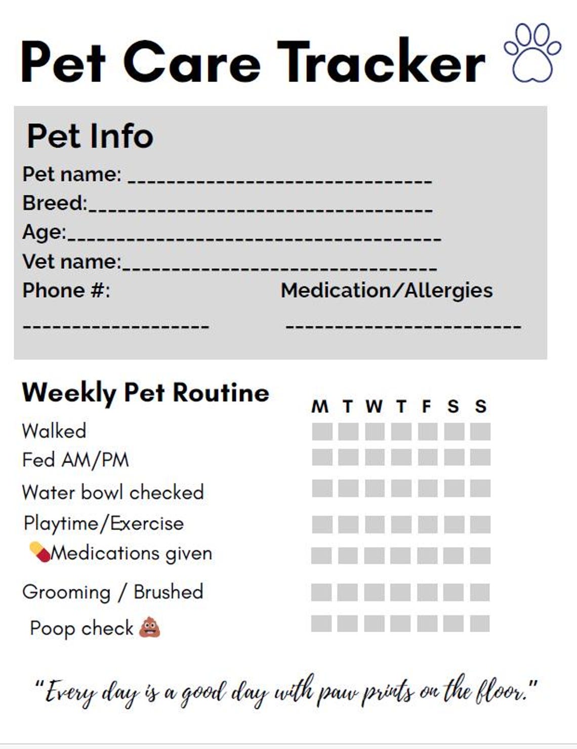 Pet Care Tracker Printable – Weekly Dog Care Checklist, Pet Routine ...