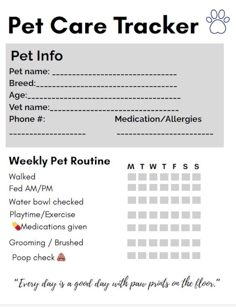 Pet Care Tracker Printable – Weekly Dog Care Checklist, Pet Routine ...