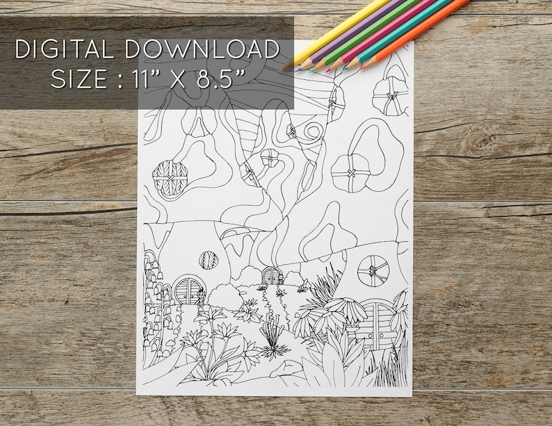 Mushroom Fairy Garden Coloring Page, Mushroom Fairy Village, Fairy ...