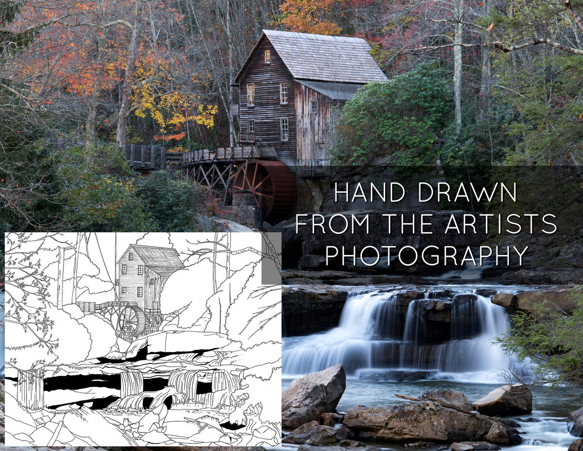 Waterfall Mill, Printable Adult Coloring Page, Coloring Page, Waterfall ...