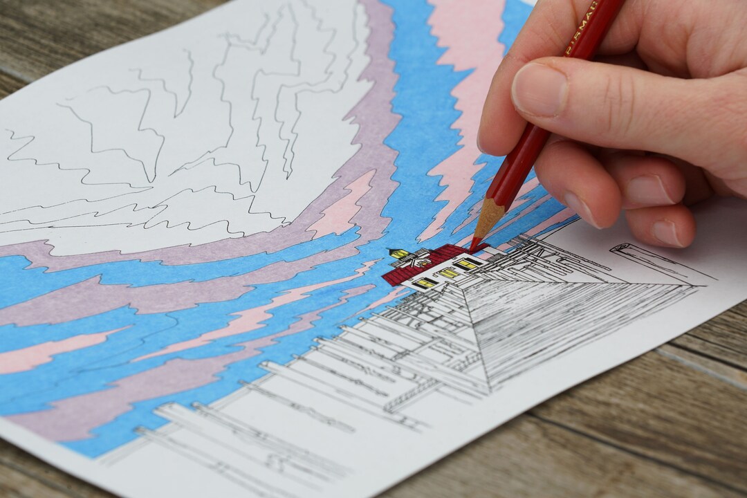 Lighthouse on a Pier, Printable Adult Coloring Page, Lighthouse ...
