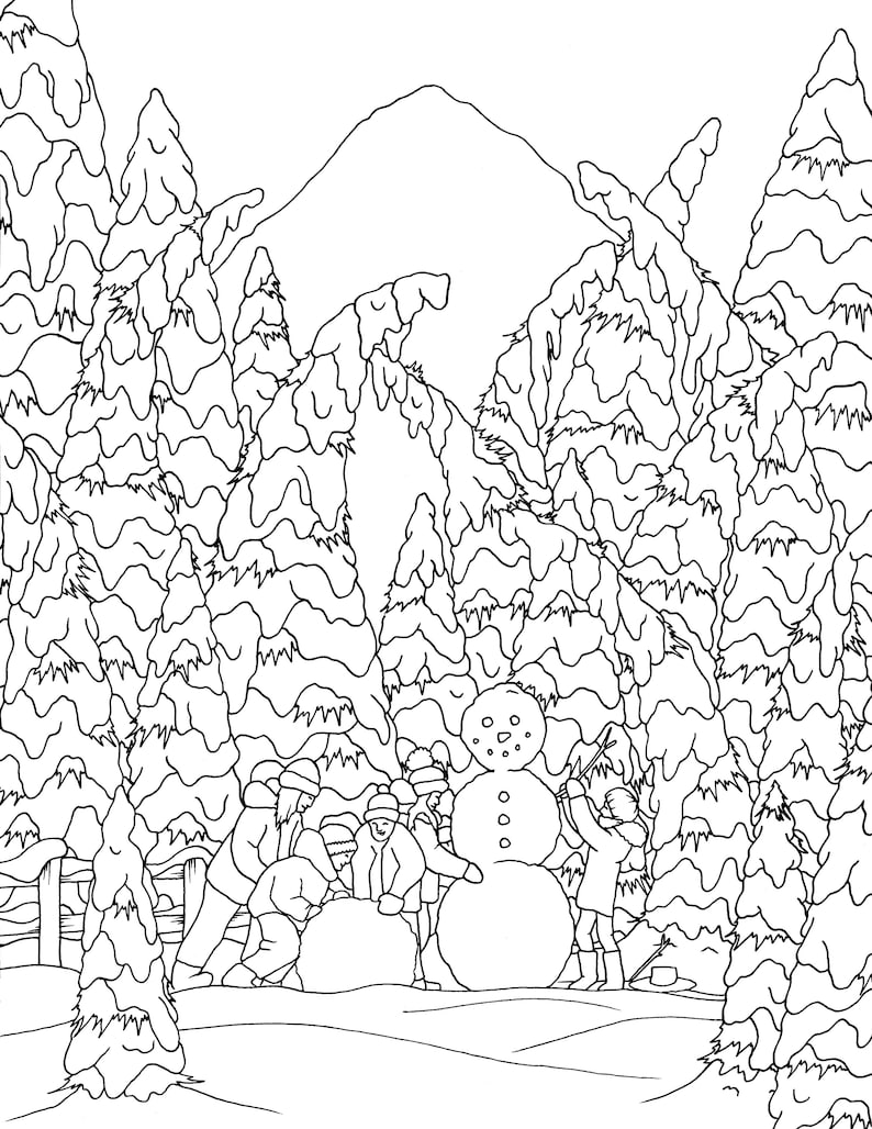 Kids Building A Snowman Coloring Page, Winter Coloring Page, Christmas ...