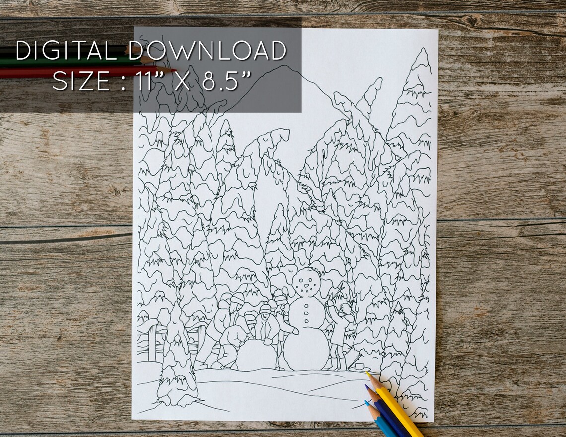 Kids Building A Snowman Coloring Page, Winter Coloring Page, Christmas ...
