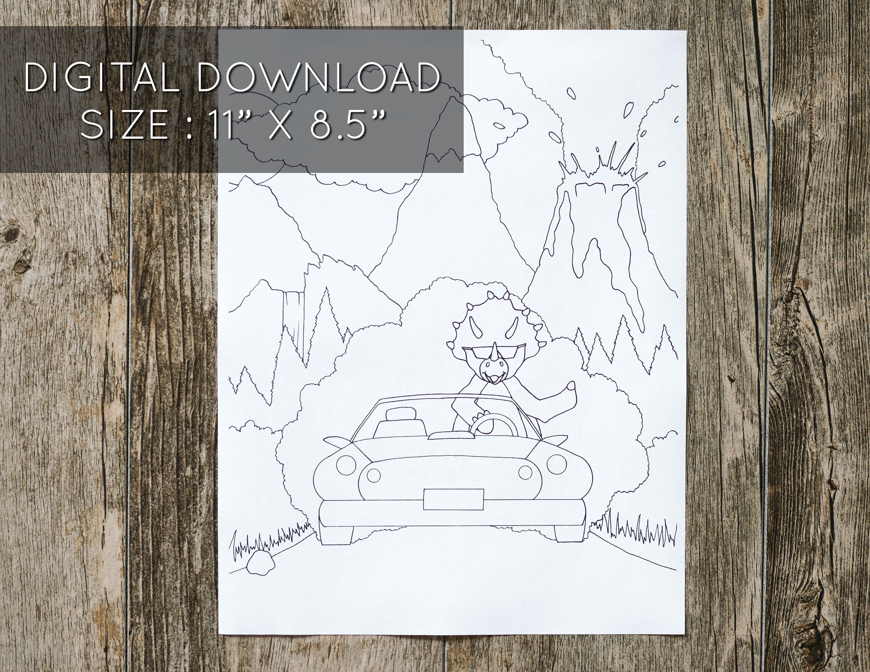Dinosaur Driving A Sports Car Coloring Page, Kids Coloring Page ...