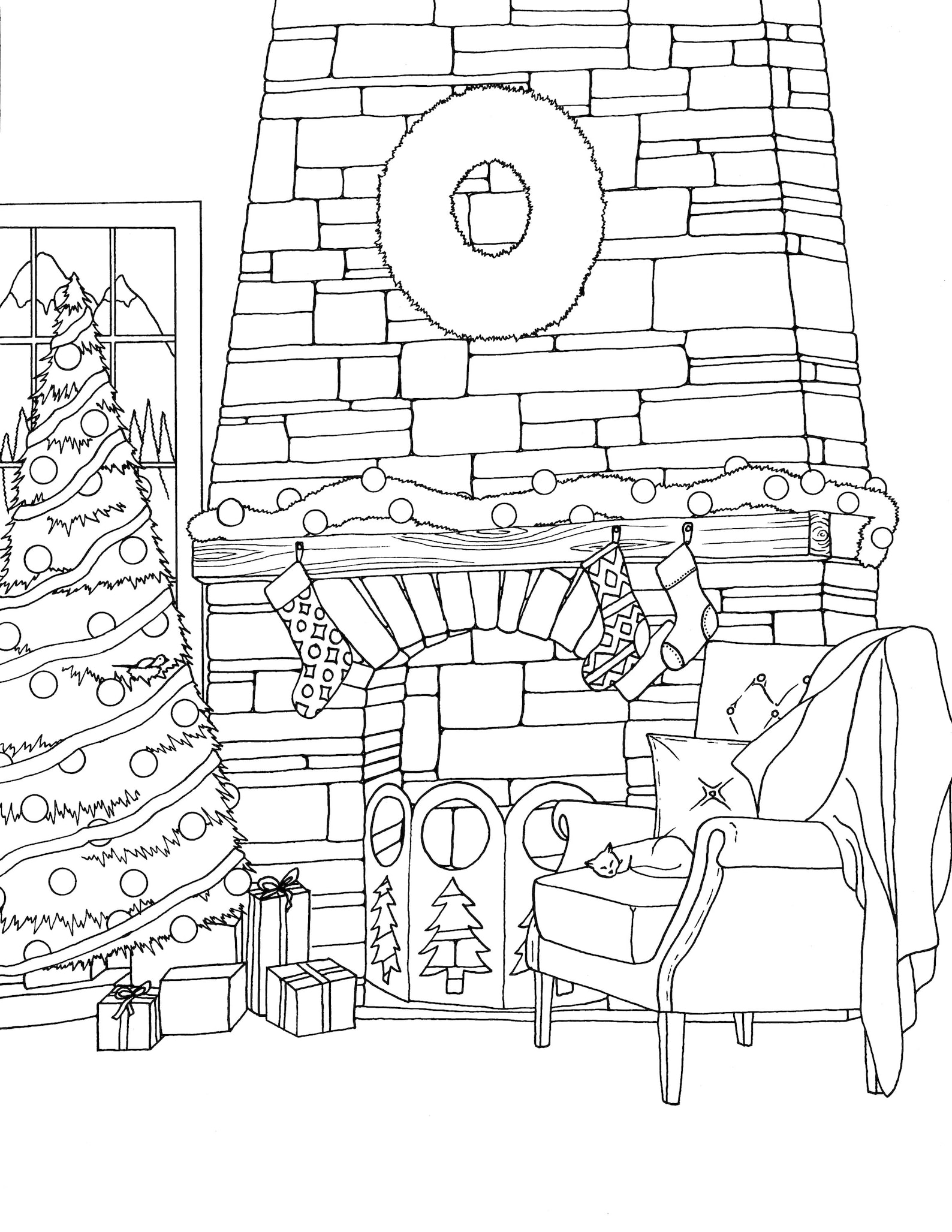 Cozy Christmas Fireplace Coloring Page With a Cat, Christmas Coloring ...