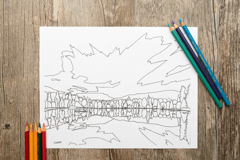 Lake Reflection, Printable Adult Coloring Page, Reflections Coloring ...