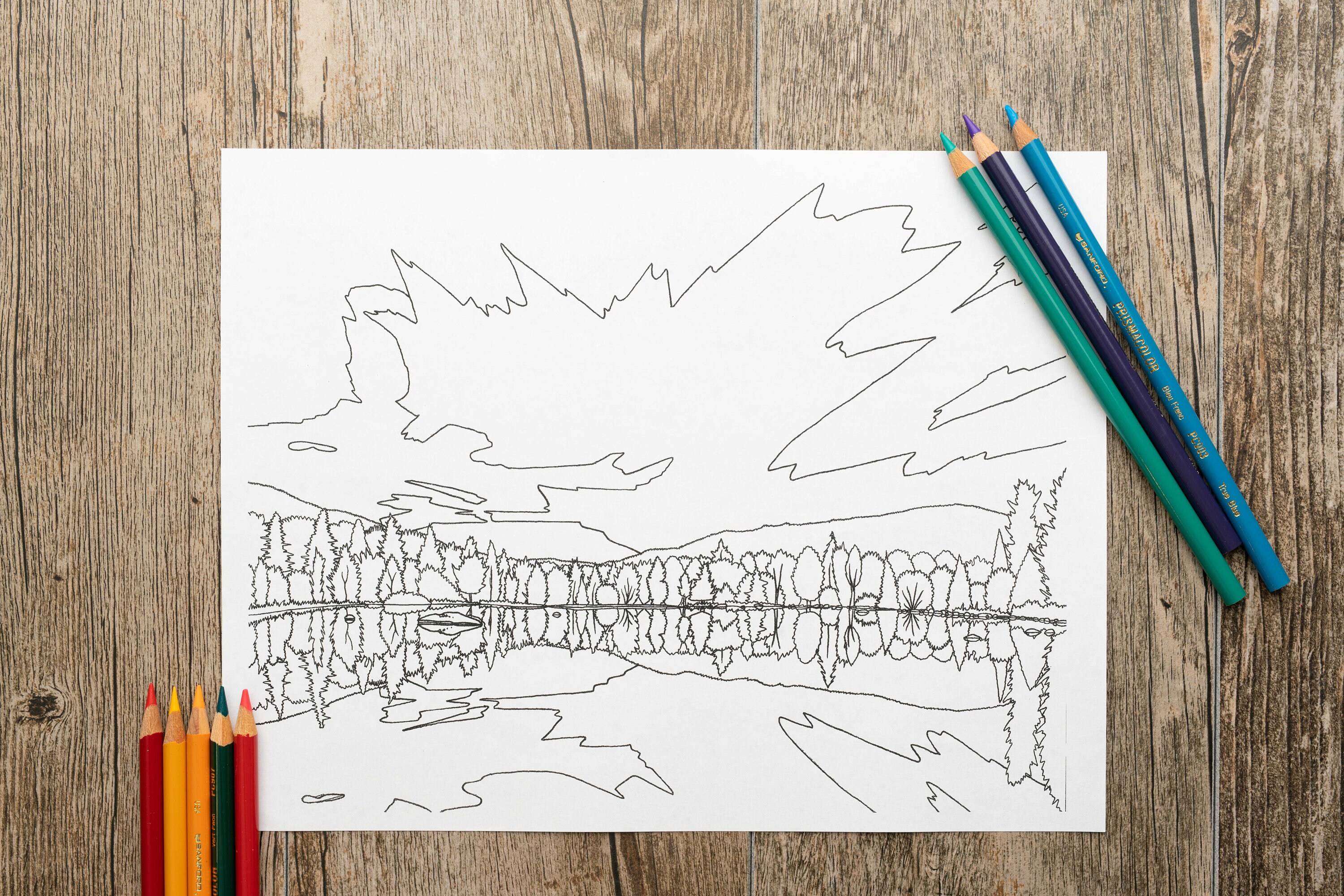 Lake Reflection, Printable Adult Coloring Page, Reflections Coloring ...