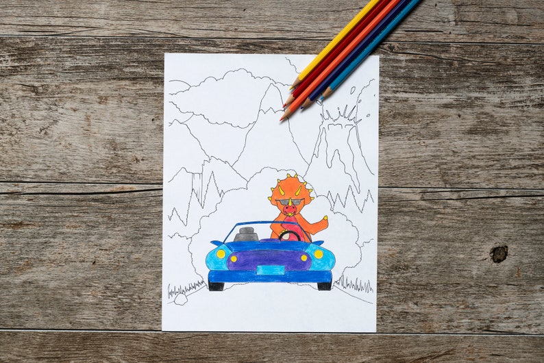 Dinosaur Driving A Sports Car Coloring Page, Kids Coloring Page ...