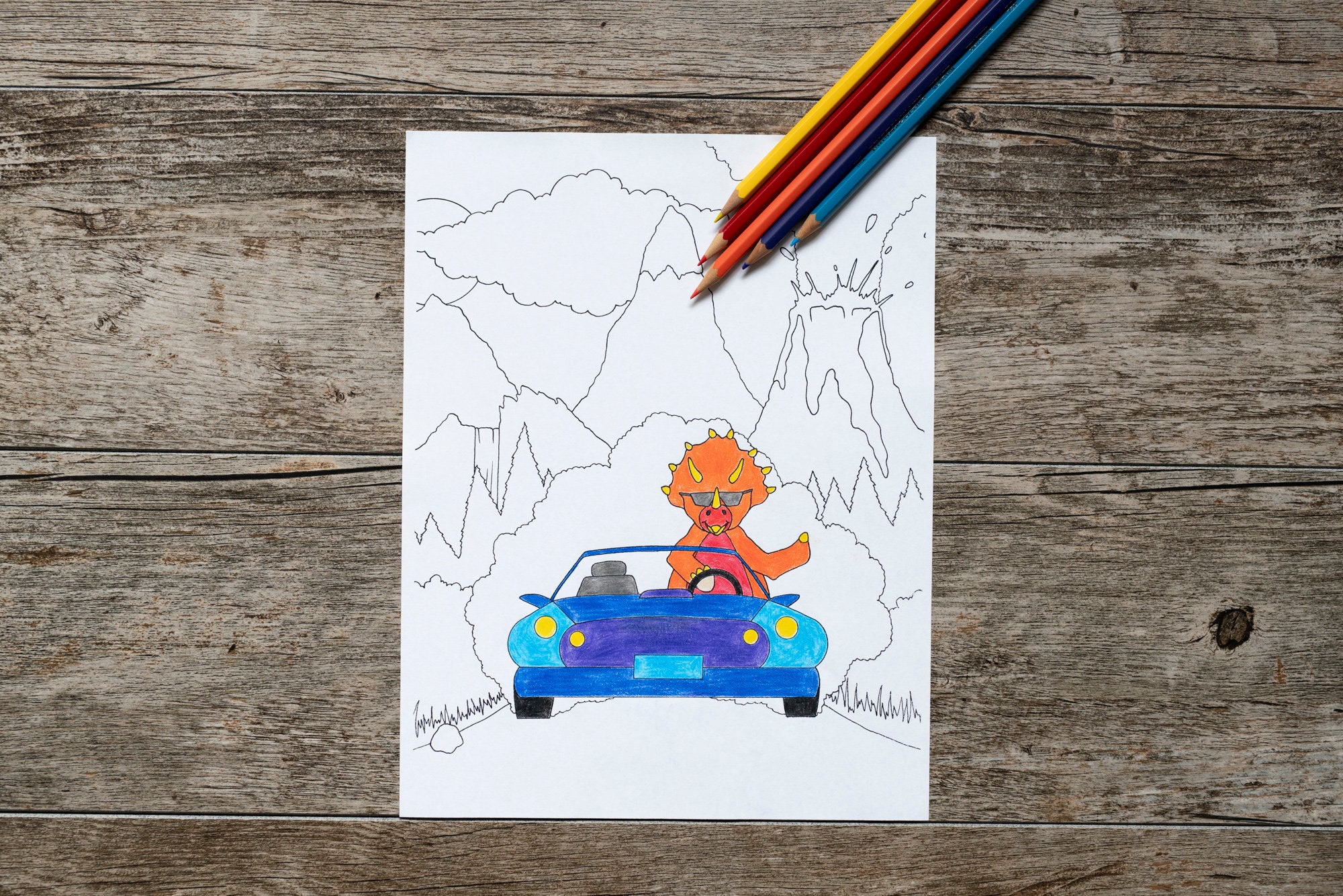 Dinosaur Driving A Sports Car Coloring Page, Kids Coloring Page ...