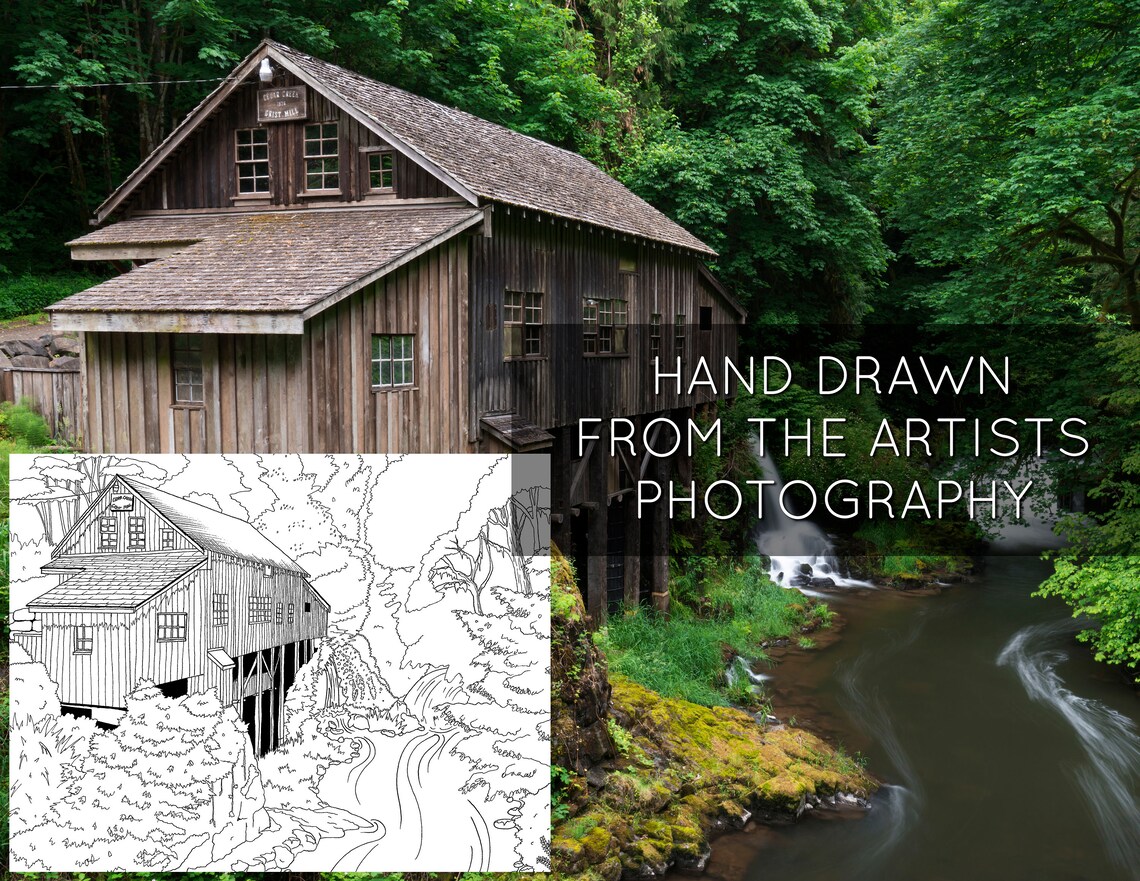 Mill by a River, Printable Adult Coloring Page, Grist Mill Coloring ...