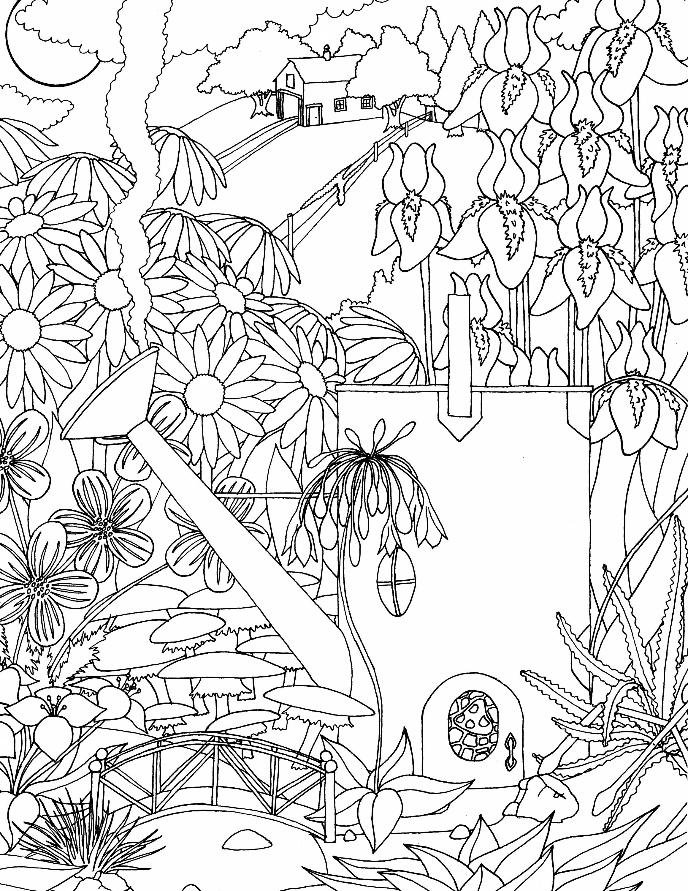 Watering Can Fairy Garden Coloring Page, Farm Fairy Garden Coloring ...