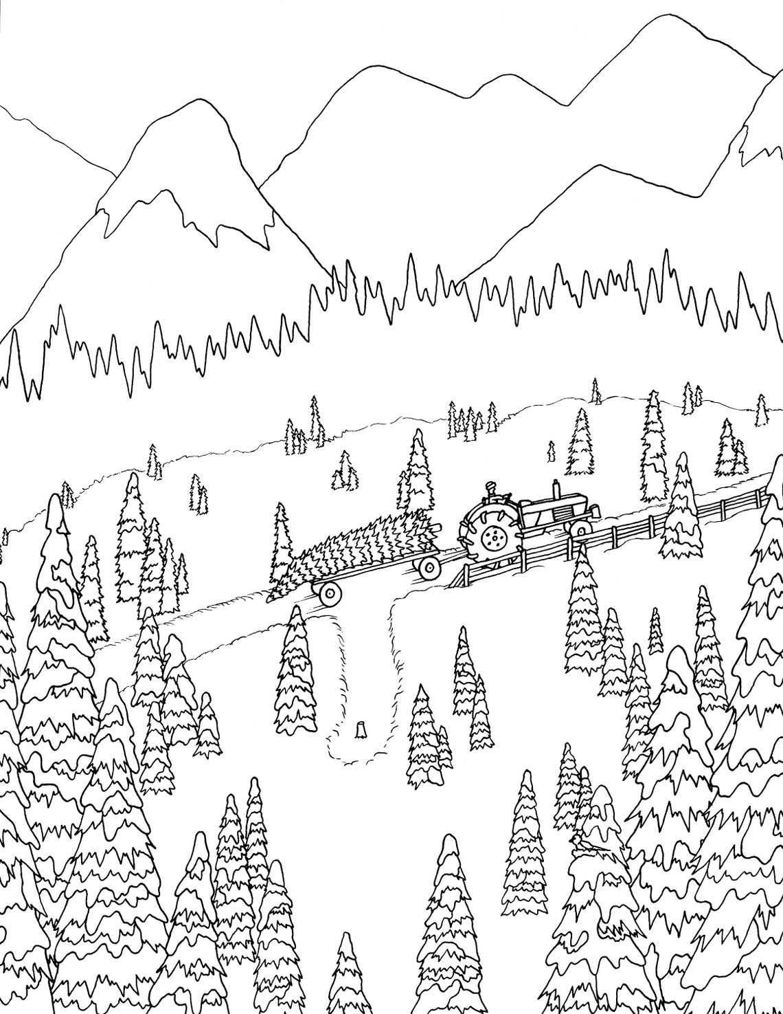 Tractor Hauling Tree Christmas Coloring Page, Christmas Coloring Page ...