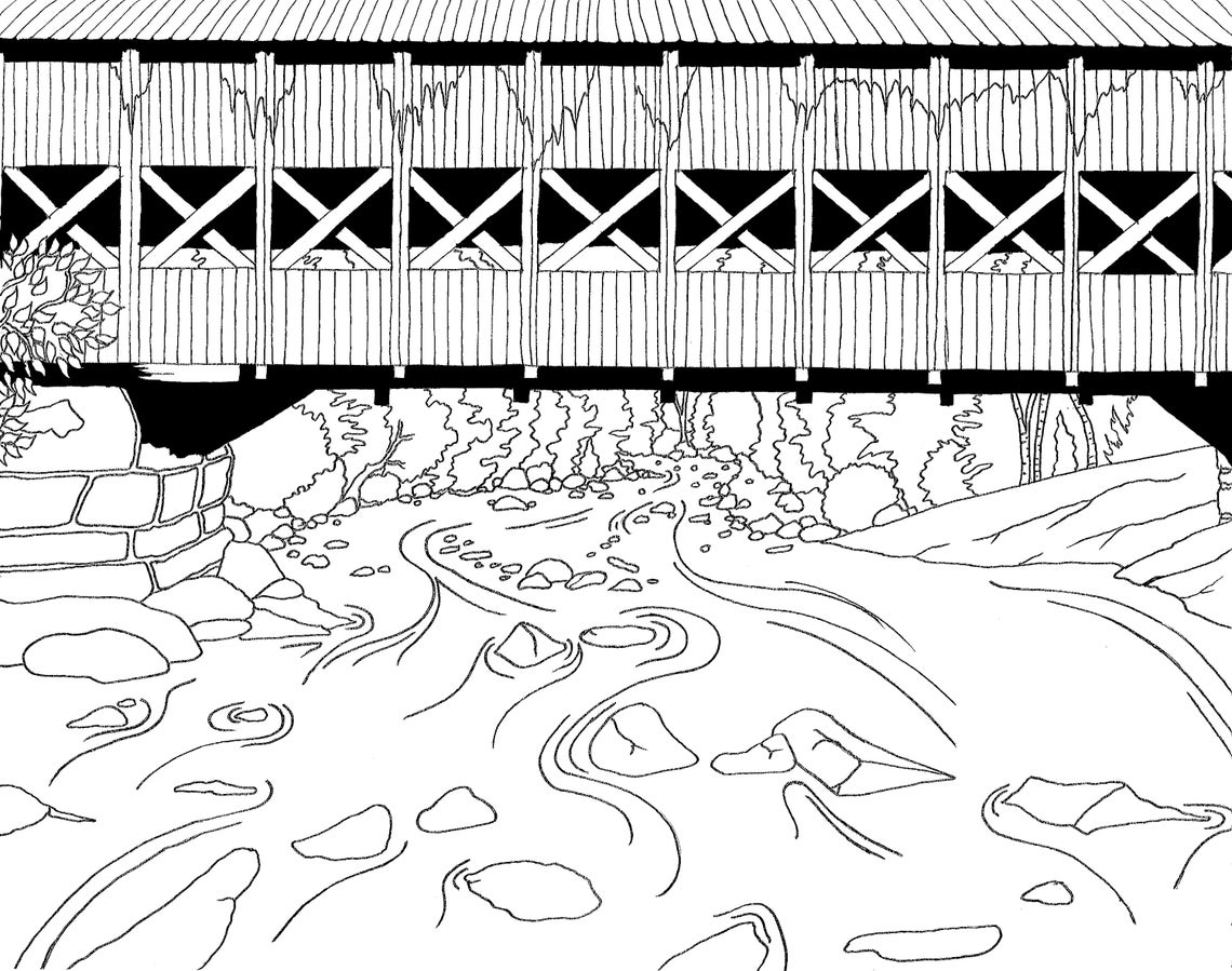 River Under Covered Bridge Printable Adult Coloring Page - Etsy España