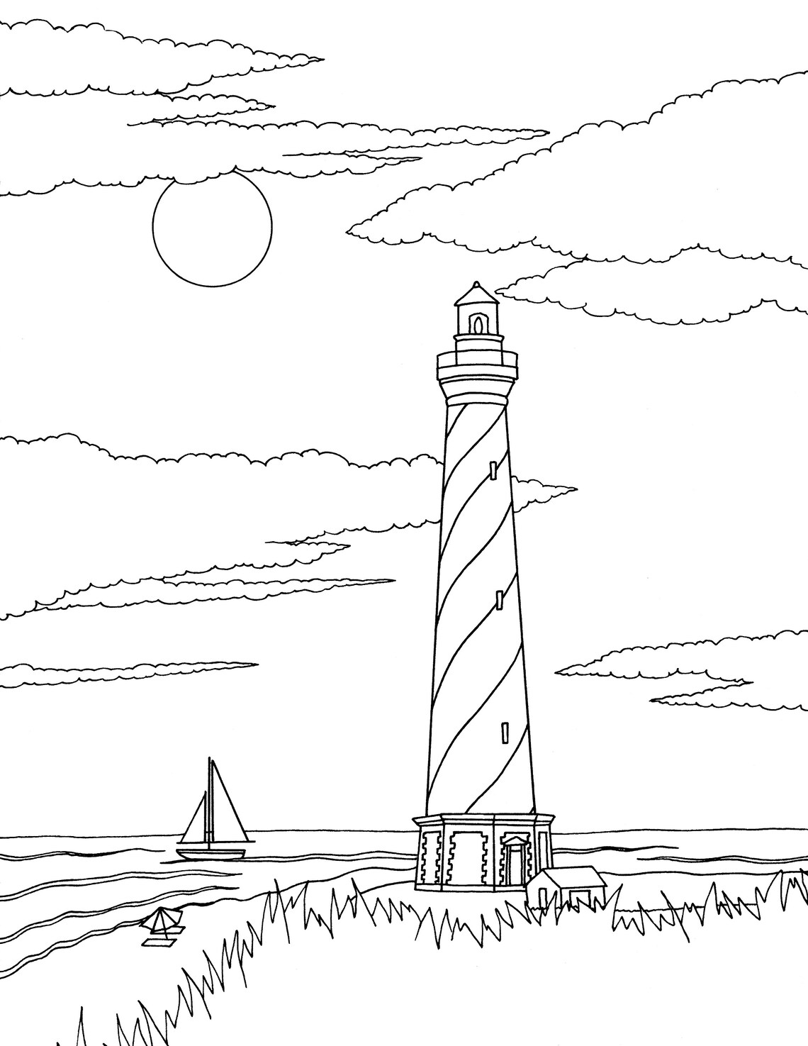 Cape Hatteras Lighthouse With Sailboat Childrens Coloring Page ...