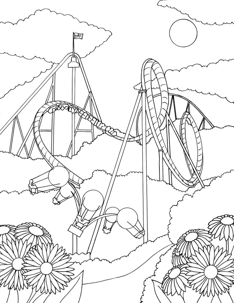 Amusement Park Childrens Coloring Page, Roller Coaster Coloring Page ...