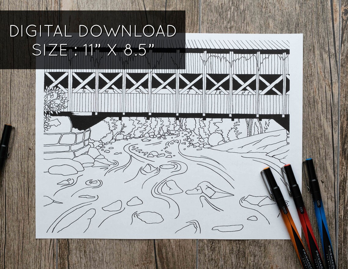 River Under Covered Bridge, Printable Adult Coloring Page, Covered ...