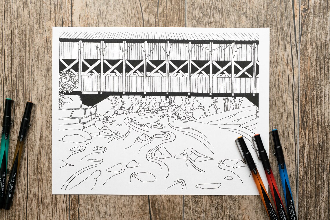 River Under Covered Bridge, Printable Adult Coloring Page, Covered ...