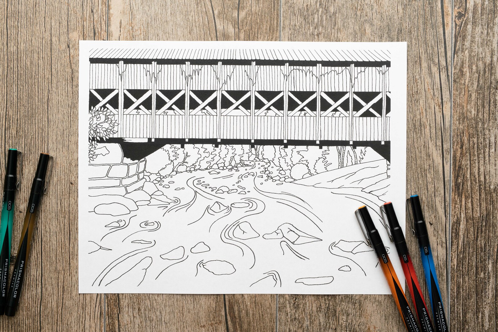 River Under Covered Bridge, Printable Adult Coloring Page, Covered ...
