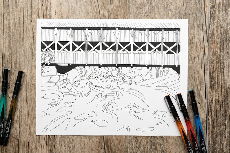 River Under Covered Bridge, Printable Adult Coloring Page, Covered ...