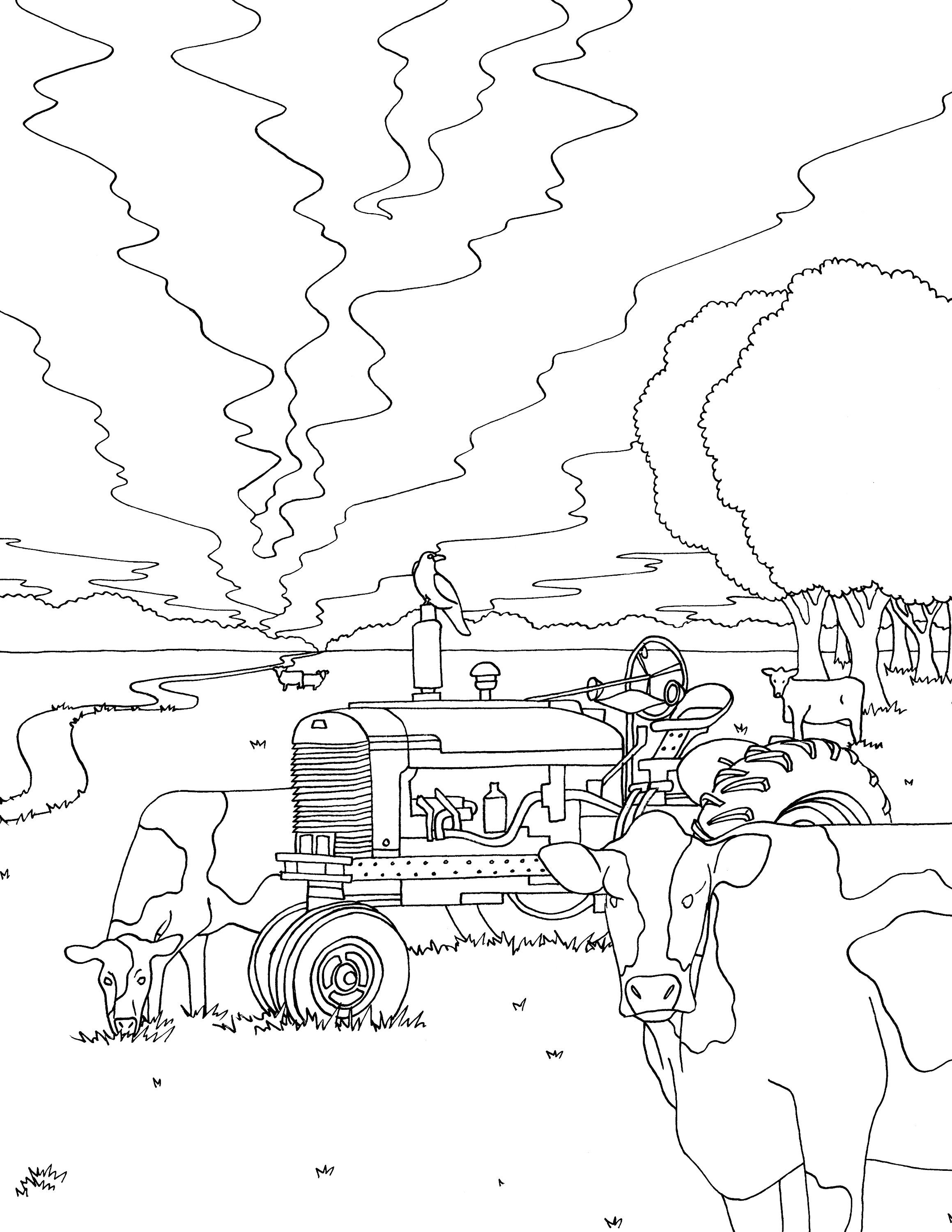 Cows and a Tractor Coloring Page, Farm Coloring Page, Cattle Coloring ...