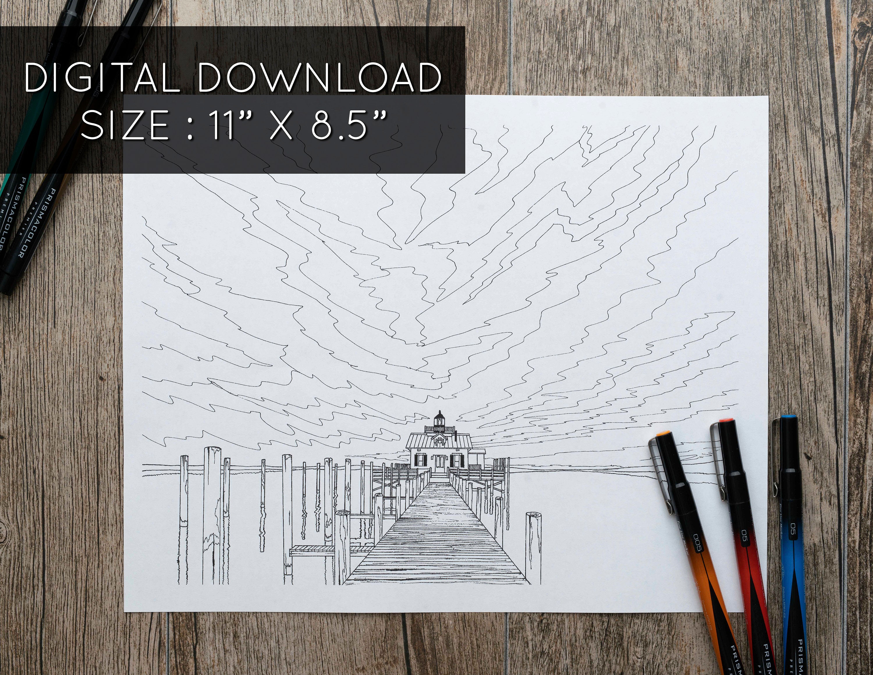 Lighthouse on a Pier, Printable Adult Coloring Page, Lighthouse ...