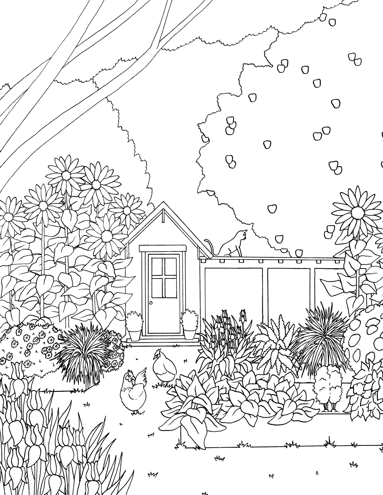 Chicken Coop With a Garden and Flowers Coloring Page, Chickens Coloring ...