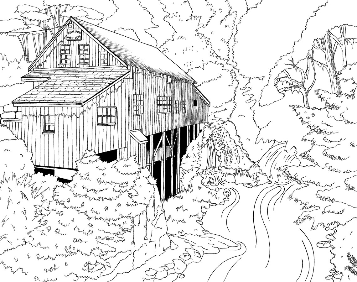 Mill by a River, Printable Adult Coloring Page, Grist Mill Coloring ...