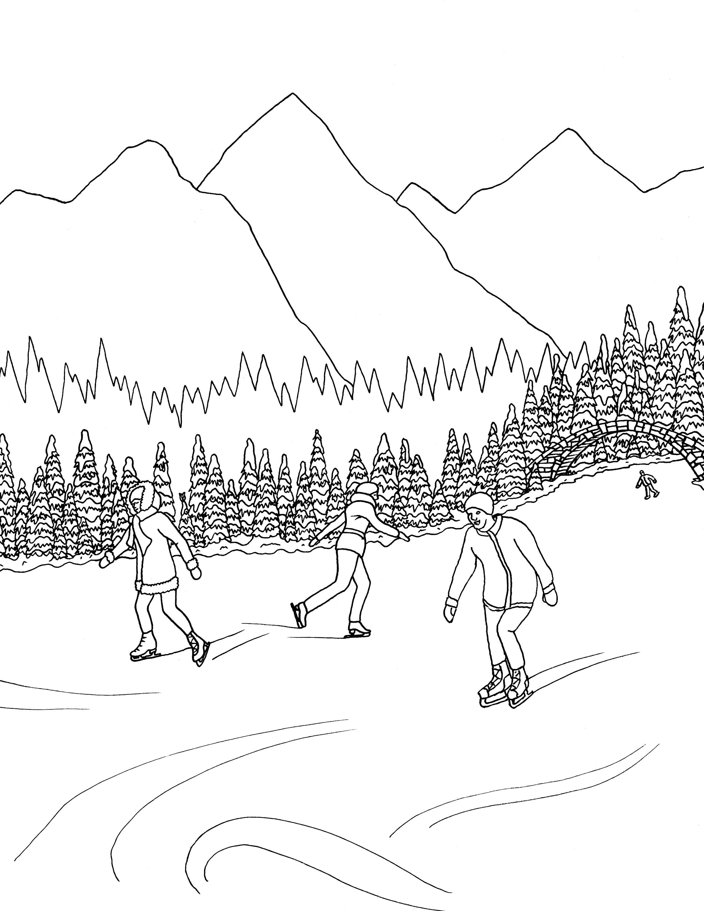 Ice Skating Coloring Page, Winter Coloring Page, Ice Skating, Lake ...