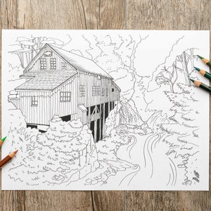 Mill by a River, Printable Adult Coloring Page, Grist Mill Coloring ...