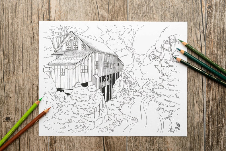 Mill by a River, Printable Adult Coloring Page, Grist Mill Coloring ...